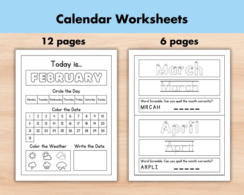 Calendar Worksheet Pages, Daily Calendar, Month Day Date, Weather ...