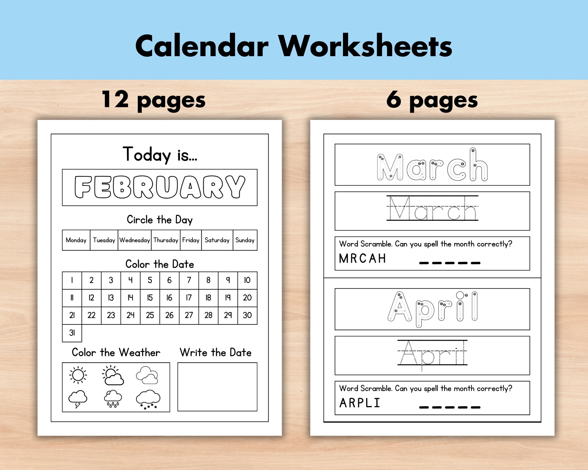 Calendar Worksheet Pages, Daily Calendar, Month Day Date, Weather ...