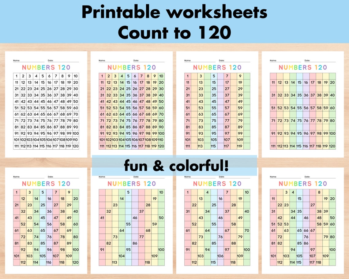 22 Printable Number Chart, Count to 120 Worksheets, Preschool Skip ...