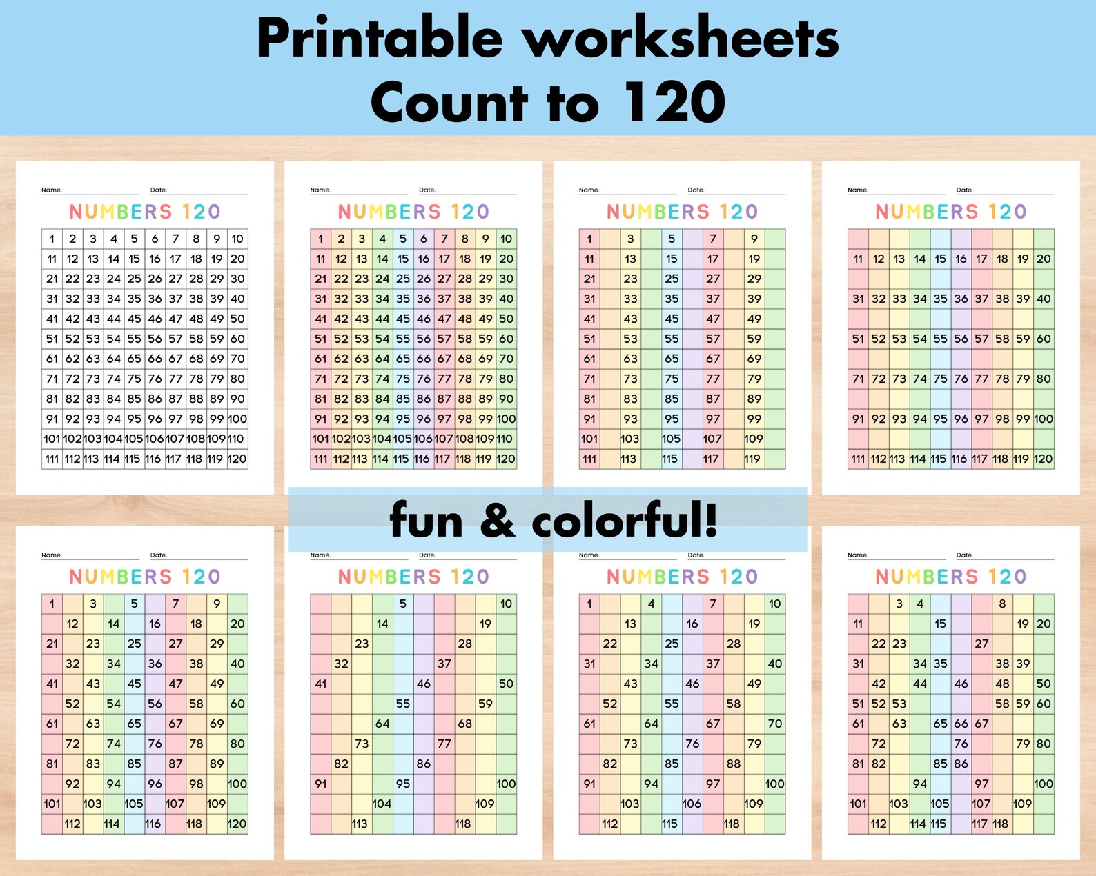 22 Printable Number Chart, Count to 120 Worksheets, Preschool Skip ...