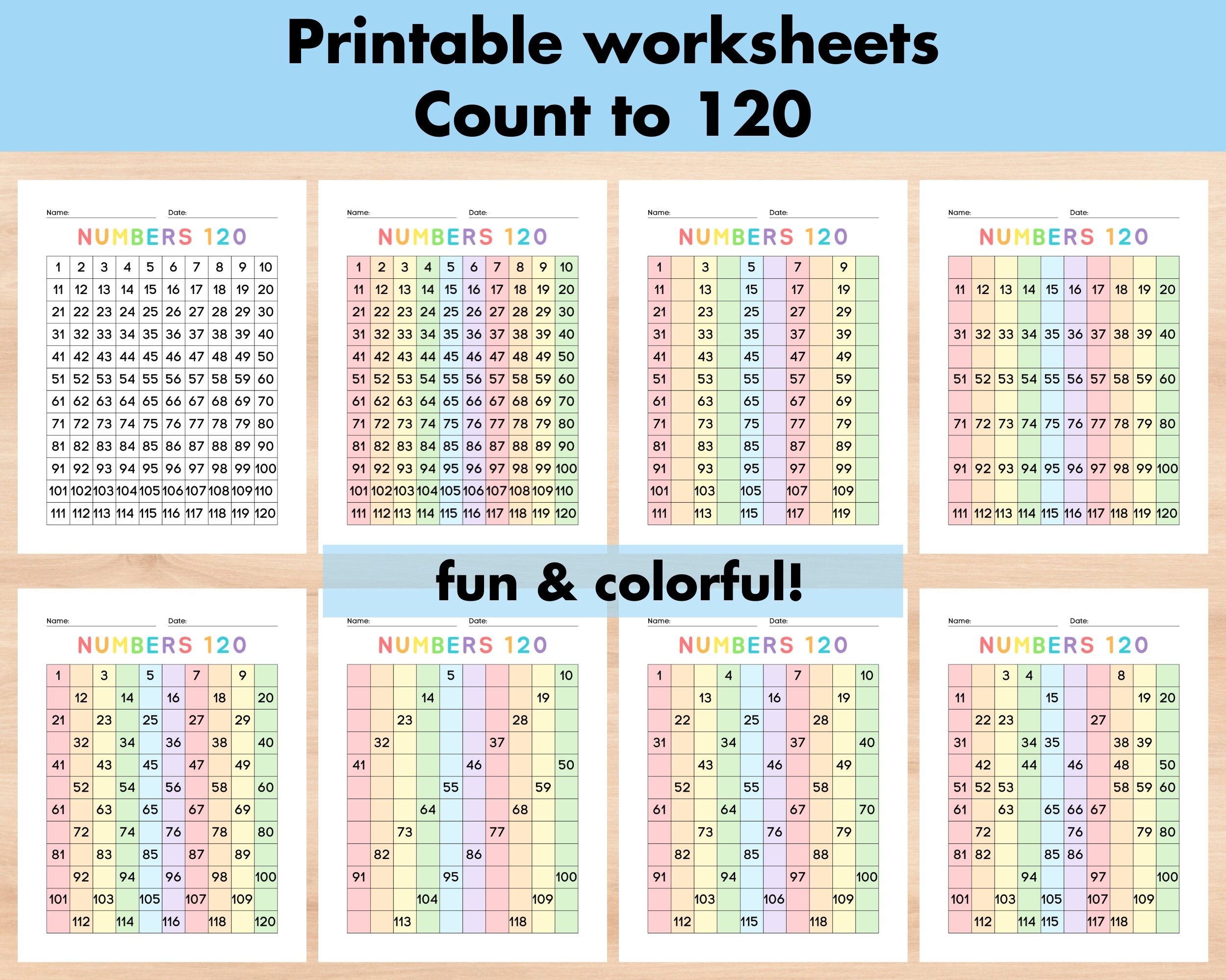 22 Printable Number Chart, Count to 120 Worksheets, Preschool Skip ...