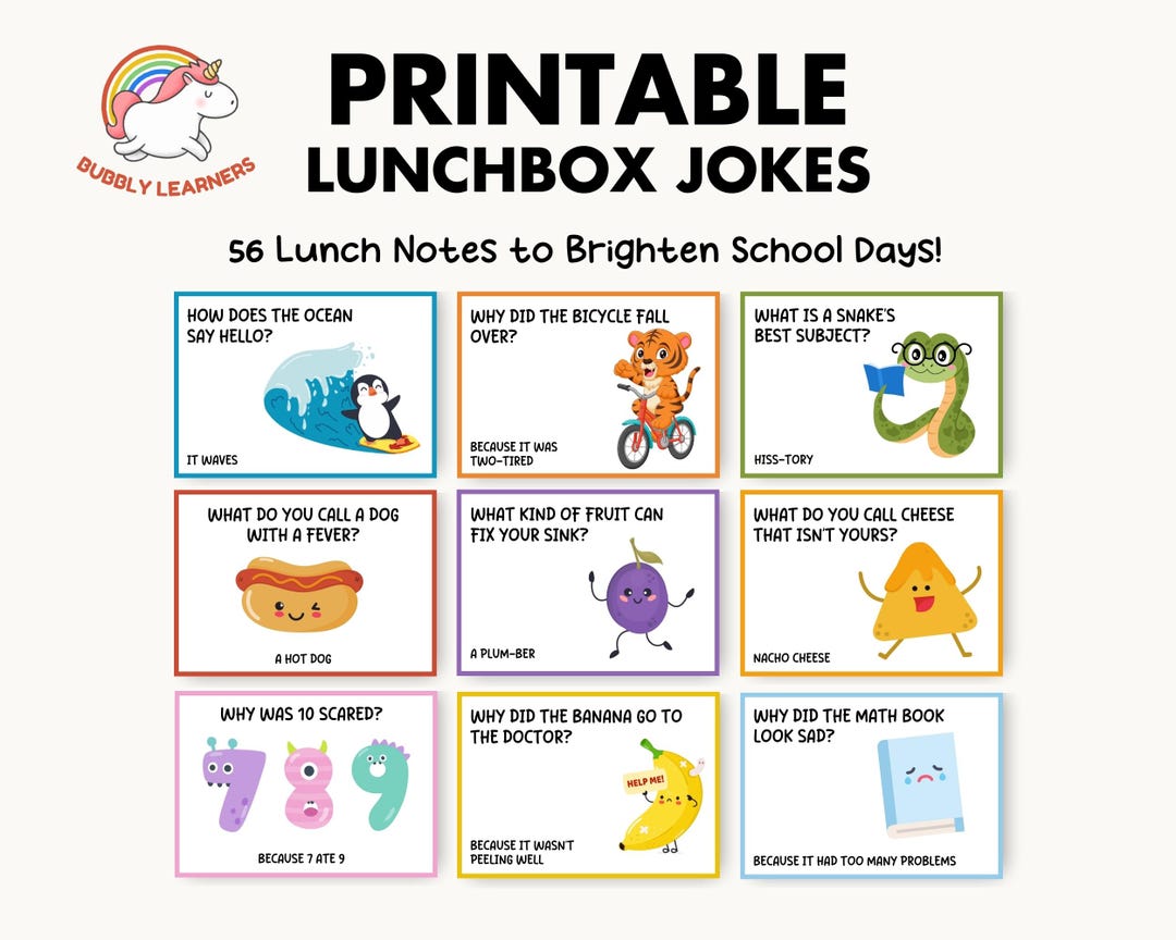 Lunchbox Jokes Printable, Funny Lunch Notes for Kids, School Jokes ...