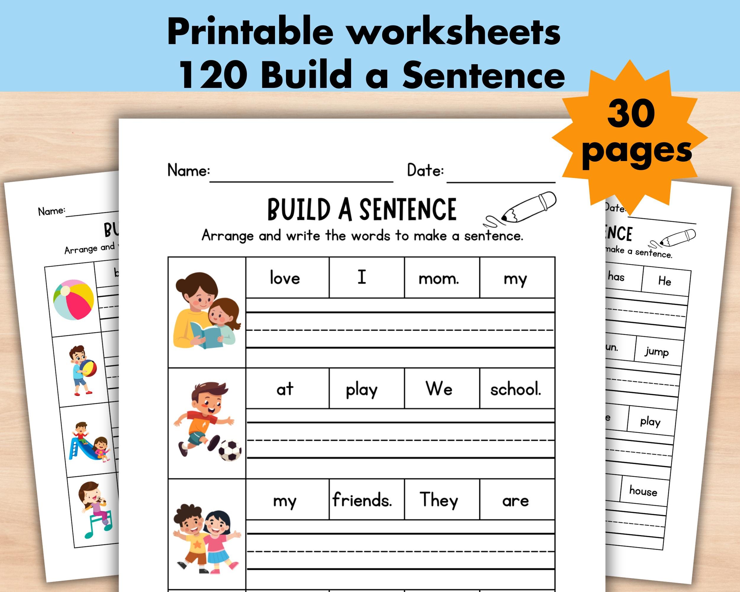 120 Build the Sentence Worksheets, Printable Sentences Writing Practice ...