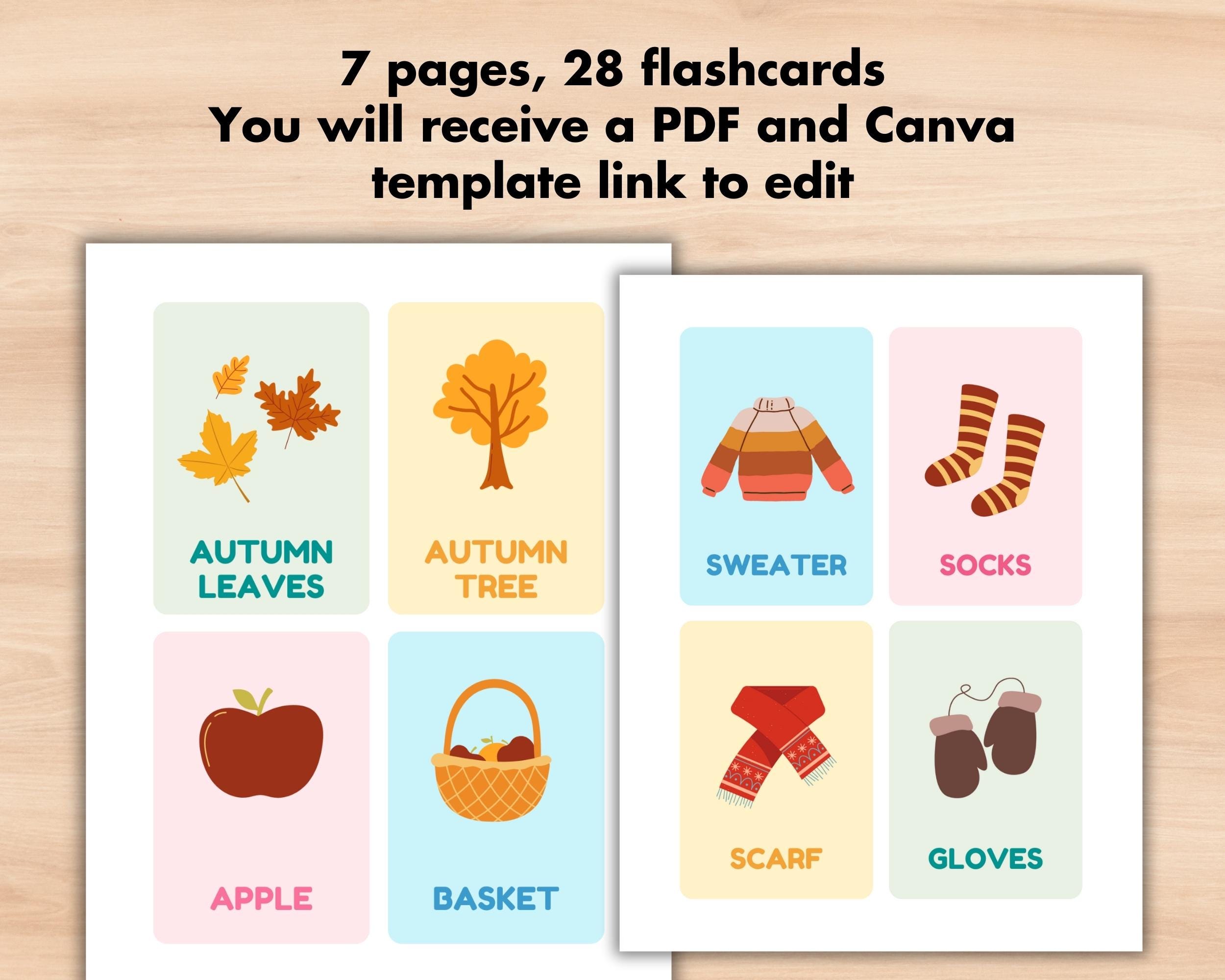 Canva EDITABLE 28 Autumn Flashcards, Fall Vocabulary Nature Card ...