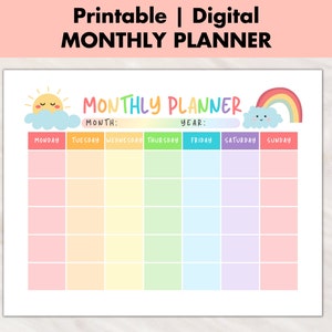 Monthly Kids Planner Rainbow Printable, Homeschool Kids Schedule ...