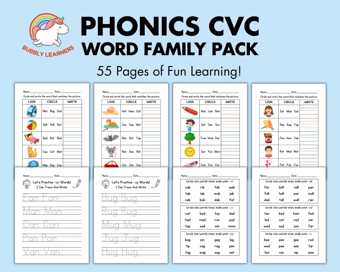 Phonics CVC Word Family Worksheet Bundle, Homeschool Kindergarten ...