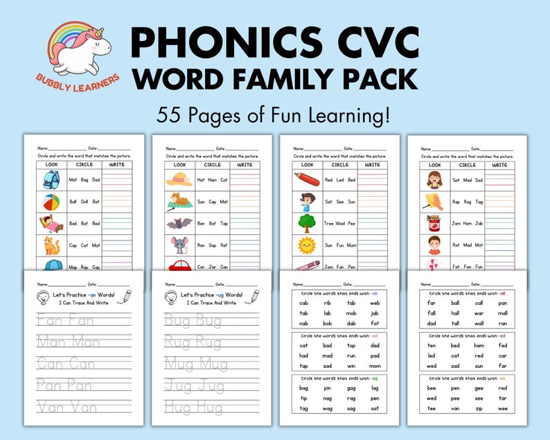 Phonics CVC Word Family Worksheet Bundle, Homeschool Kindergarten ...