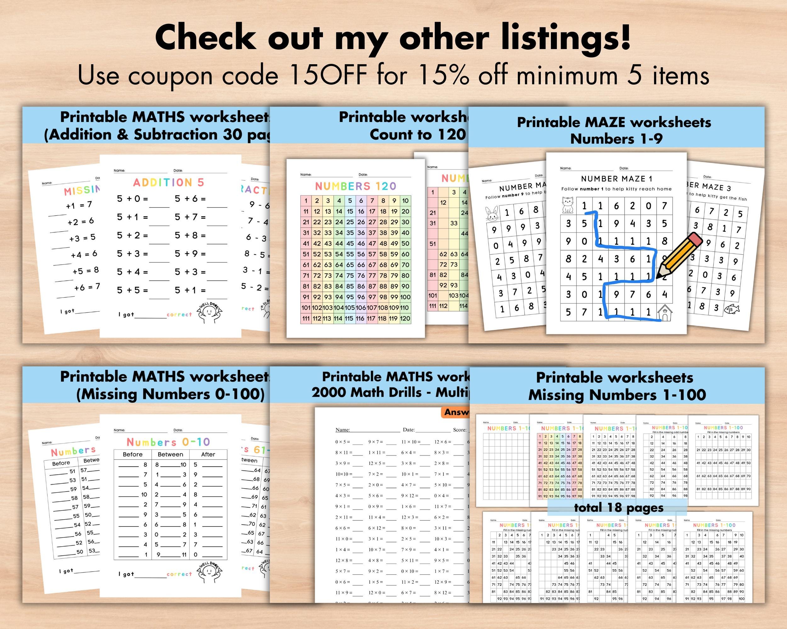Maths Drill Addition Worksheets, Printable Numbers 0 to 9, Practice ...