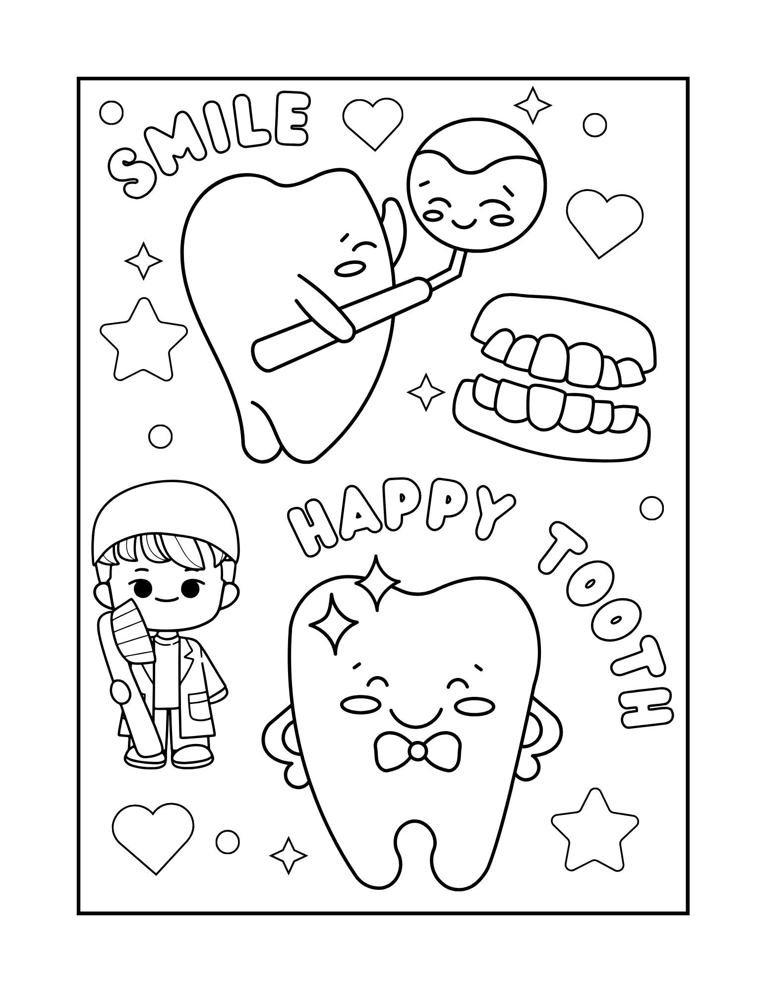 Dental Teeth Coloring Pages, Cute Kids Tooth Coloring Sheets, Dental ...
