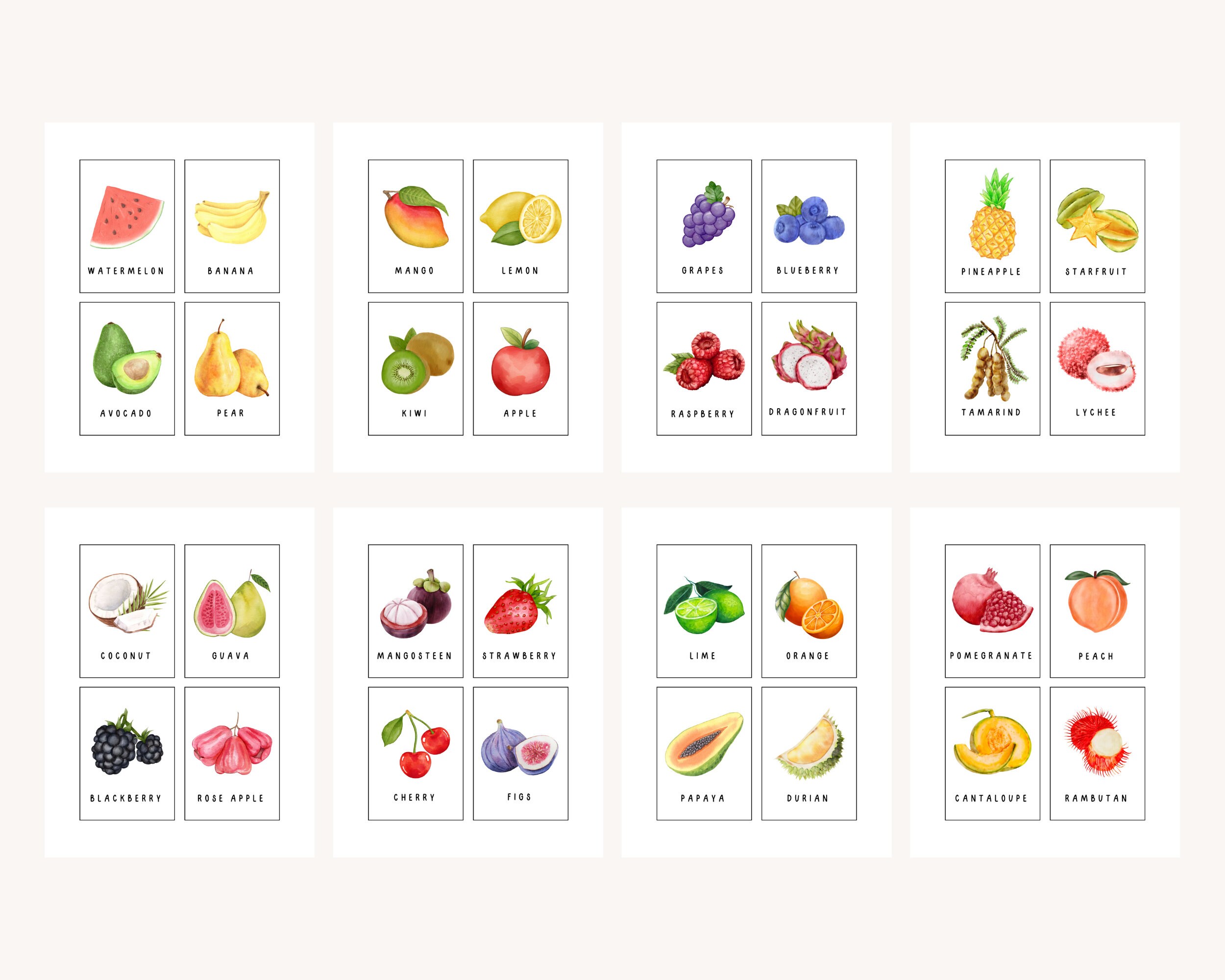 32 Fruits Flashcards Preschool Cards , Educational Printable Cards ...