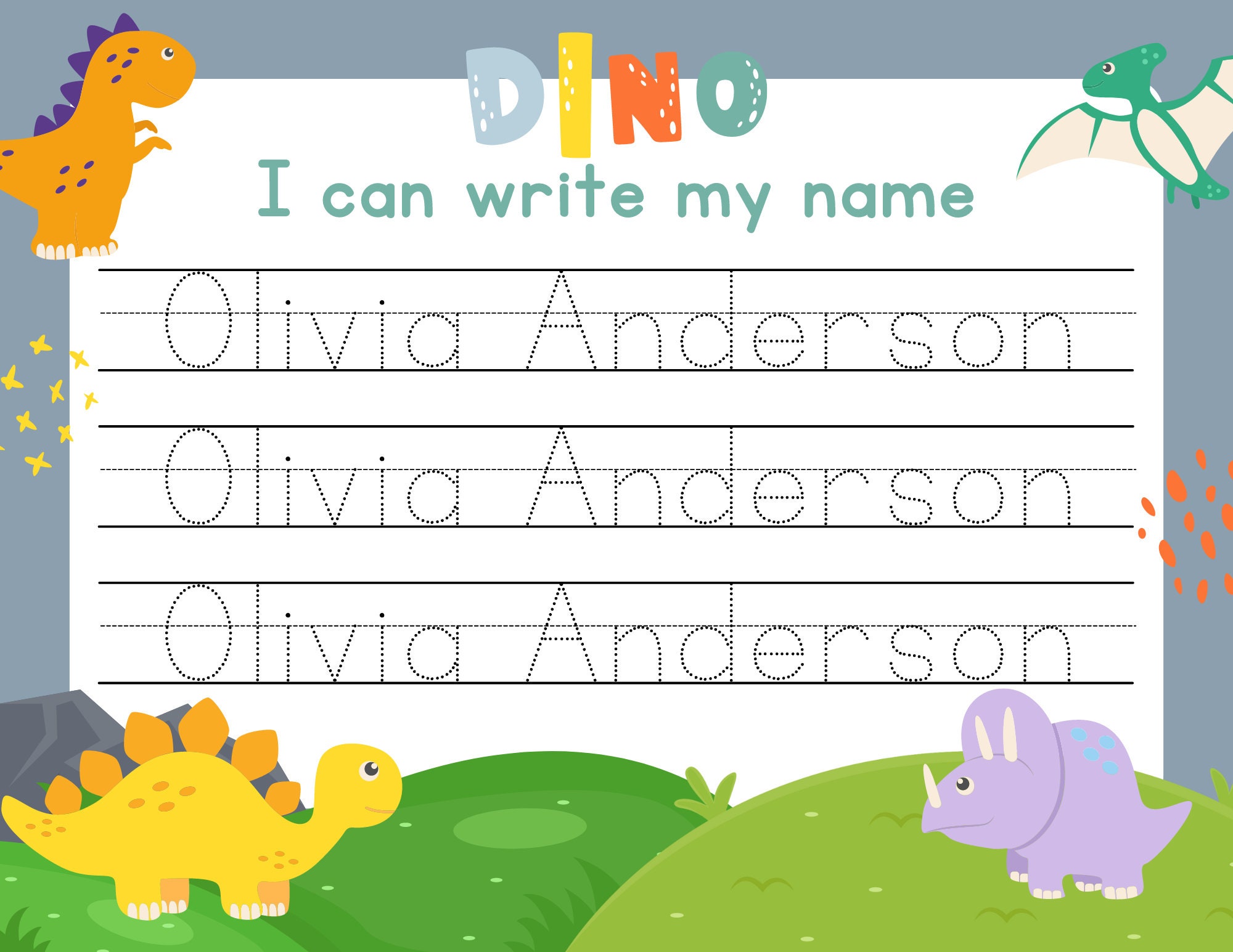Dinosaur Custom Name Tracing Sheet Personalized Name Trace Handwriting ...