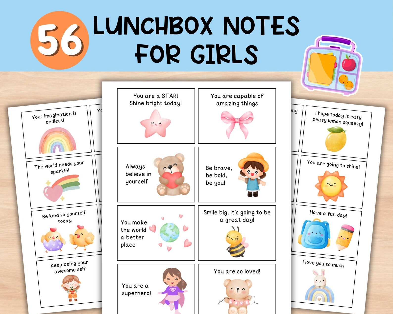 Cute Lunch Box Notes for Girls Printable, Lunchbox Positive Affirmation ...