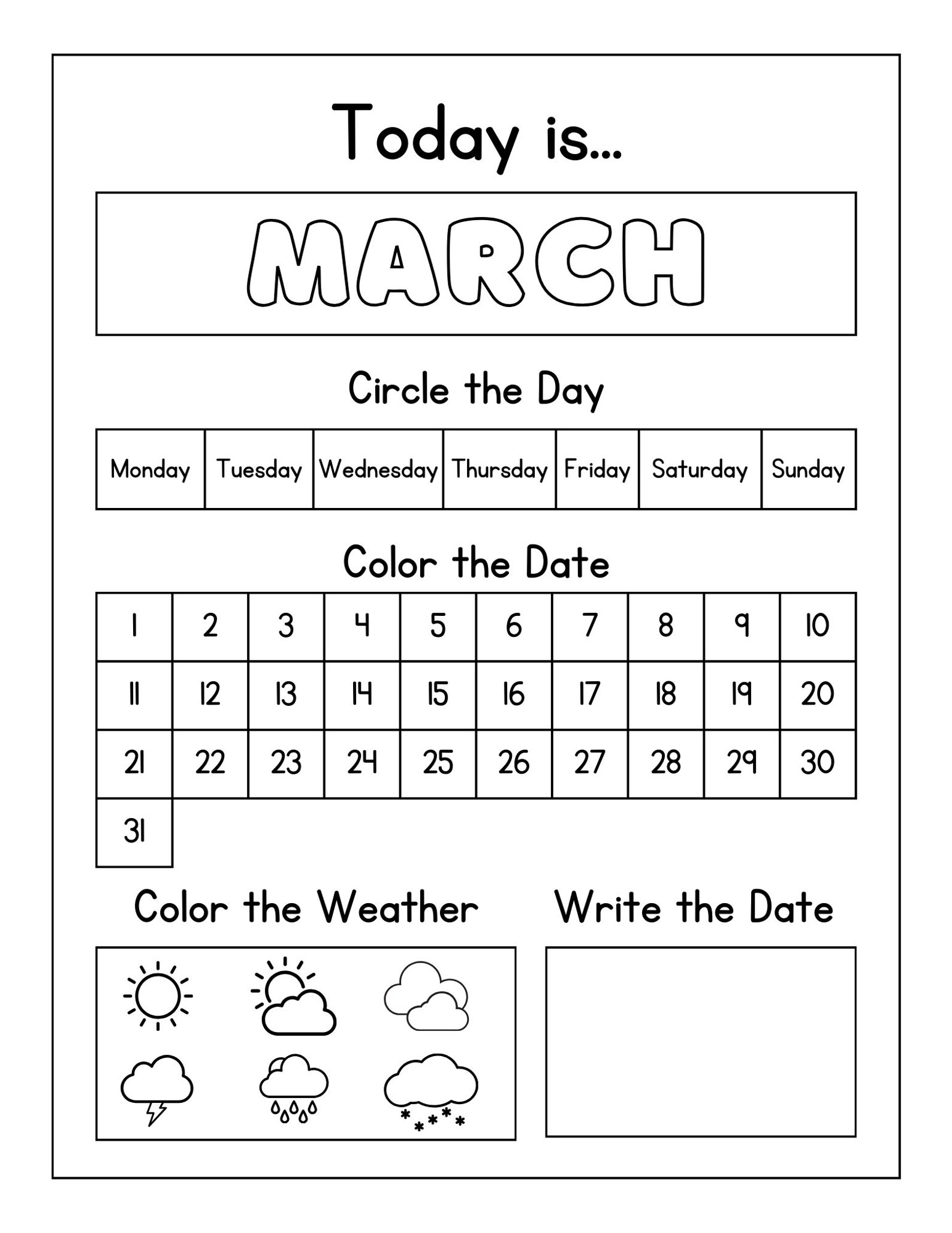 Calendar Worksheet Pages, Daily Calendar, Month Day Date, Weather ...