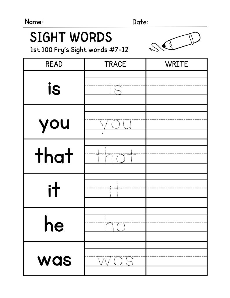100 Printable Sight Words, 1st 100 Fry Sight Words, Kindergarten Sight ...