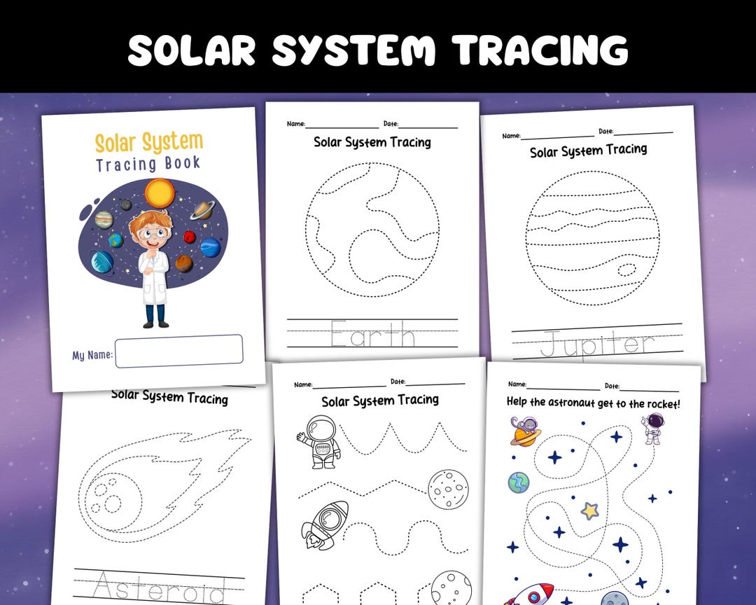 Solar System Tracing Pages, Planet Name Line Trace Page Printable ...