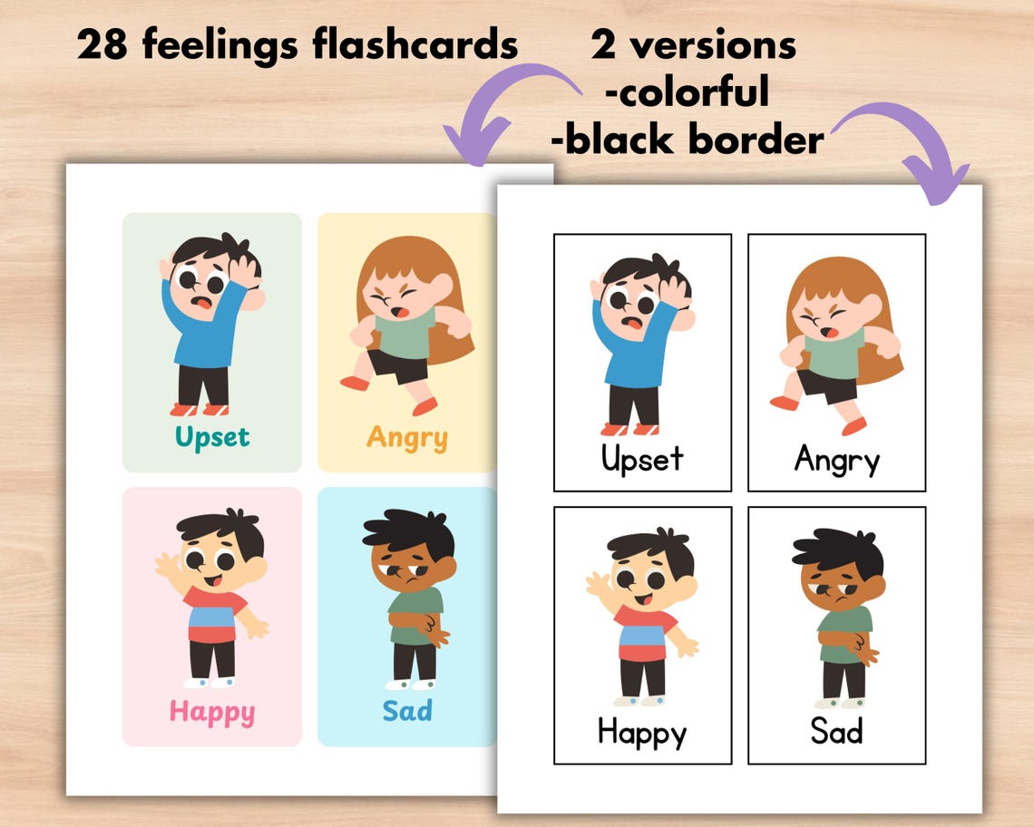 28 Emotions Flashcards, Printable Feelings Flash Cards, Children ...