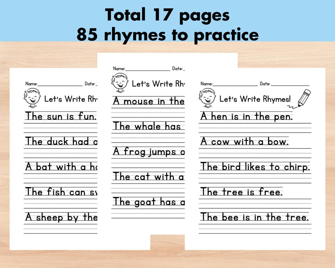 Rhyme Sentence Writing Worksheet, Write the Sentence, Printable ...