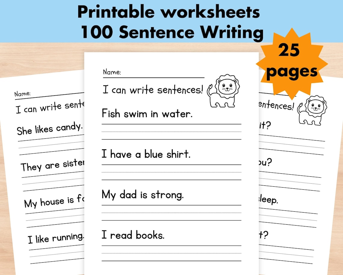 100 Sentence Writing Practice Worksheets, Printable English Writing ...