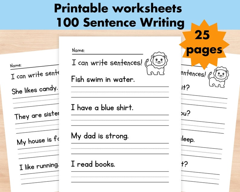100 Sentence Writing Practice Worksheets, Printable English Writing ...