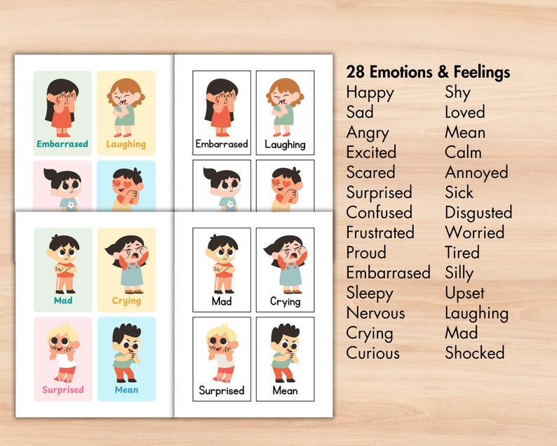 28 Emotions Flashcards, Printable Feelings Flash Cards, Children ...