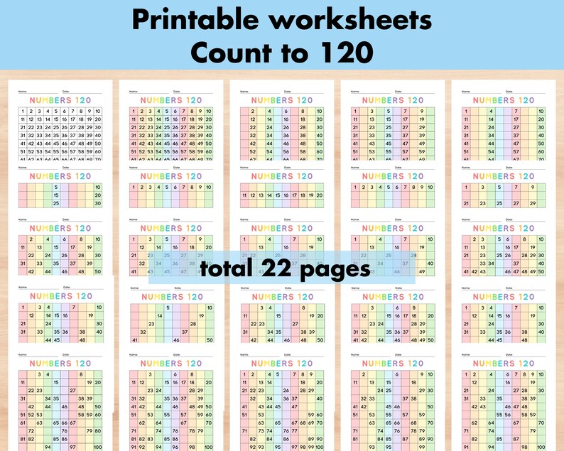 22 Printable Number Chart, Count to 120 Worksheets, Preschool Skip ...