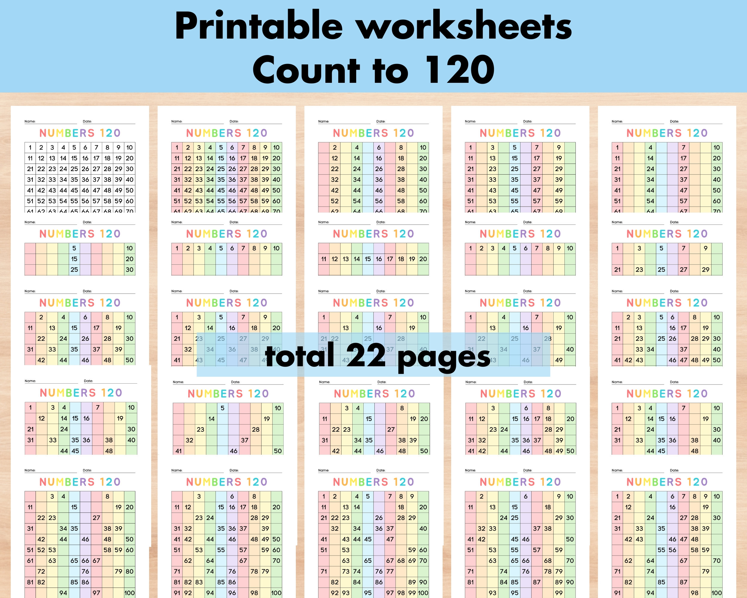 22 Printable Number Chart, Count to 120 Worksheets, Preschool Skip ...