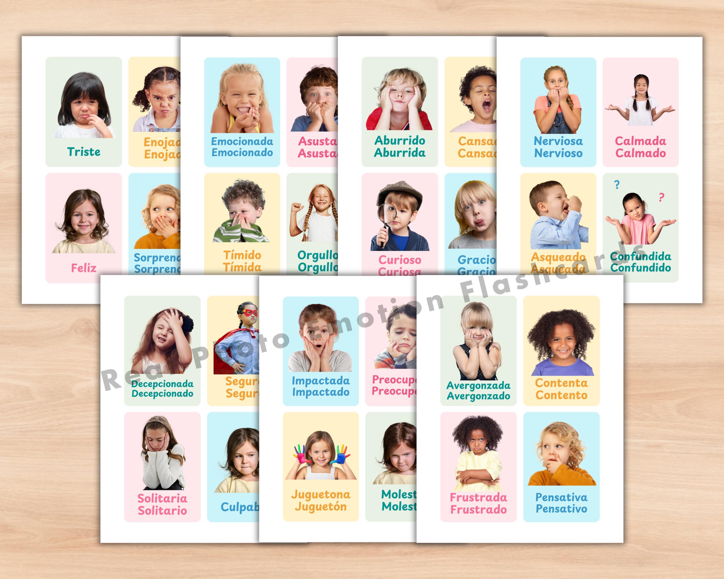 Spanish Emotions Flashcards for Kids Printable, 28 Real Photo Emotions ...
