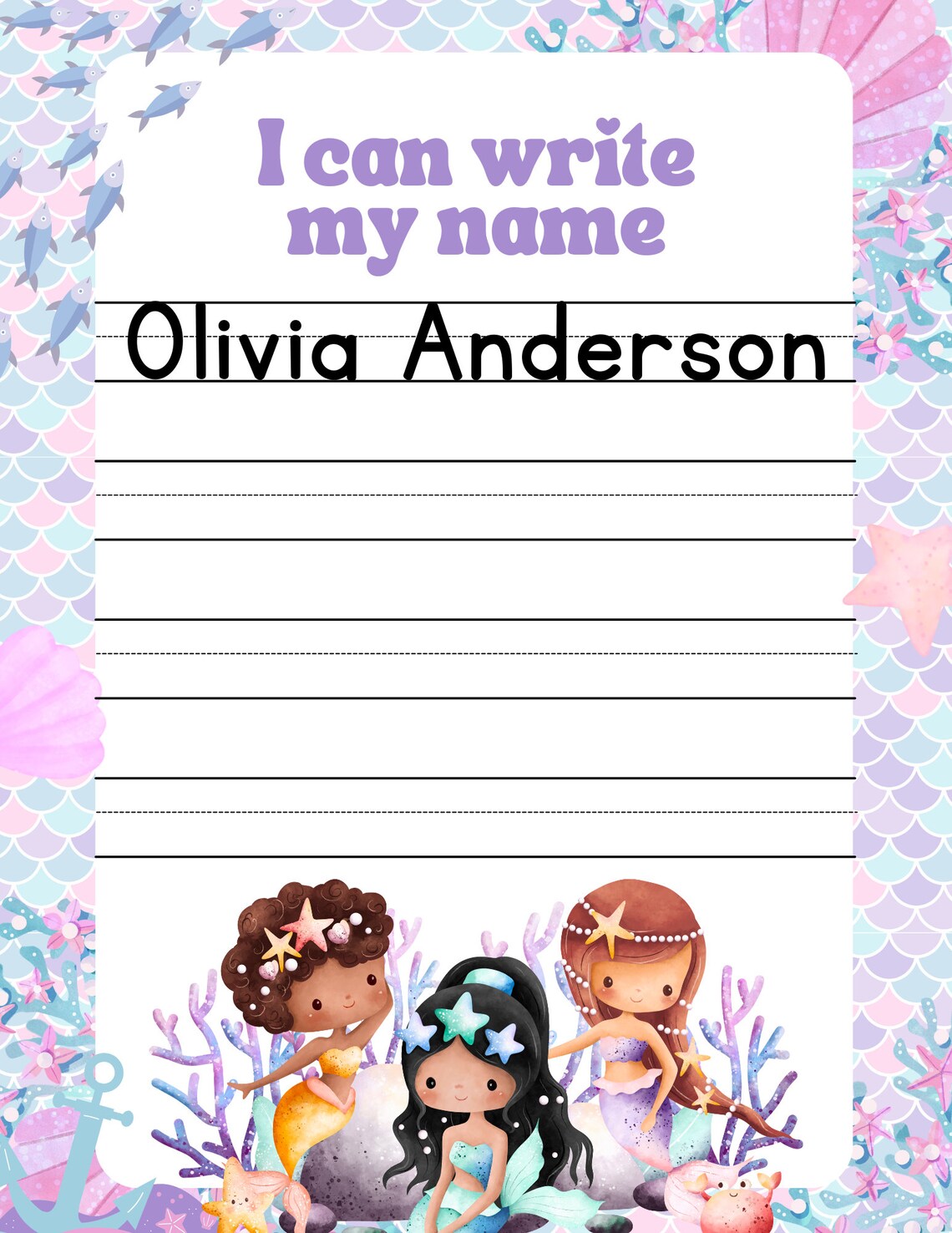 Mermaid Custom Name Tracing Sheet Personalized Name Trace Handwriting ...