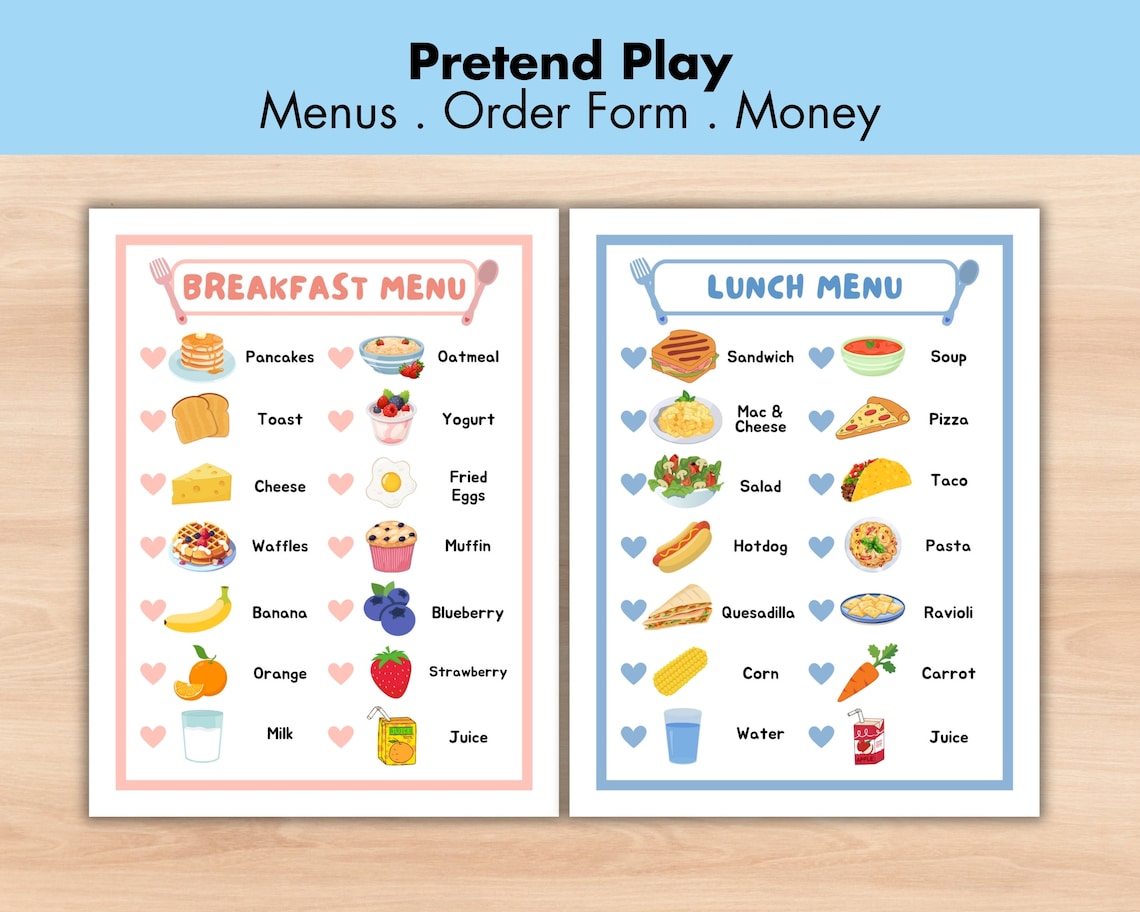 Pretend Play Menus, Pretend Restaurant Menus Kids Kitchen,printable ...