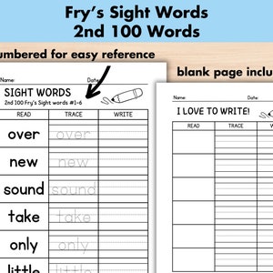 100 Printable Sight Words, 2nd 100 Fry Sight Words, Kindergarten Sight ...