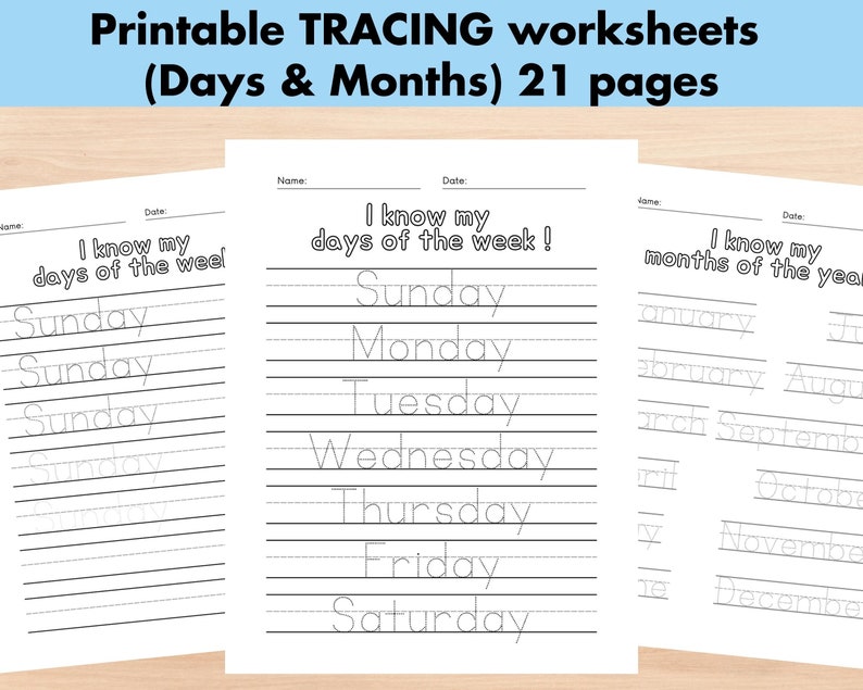 Tracing Months Preschool Worksheets, Days of the Week Printable ...
