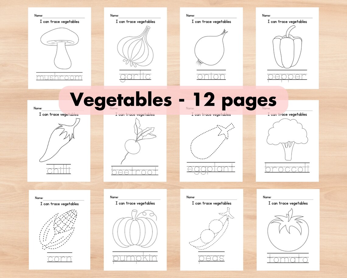 Fruits Vegetables Tracing Worksheets, Trace Pages Printable Preschool ...