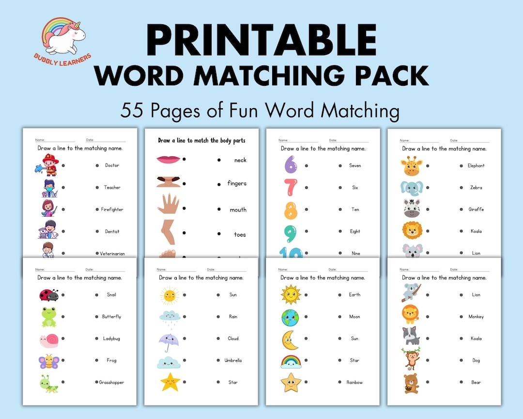 55 Printable Matching Names Worksheets, Match the Picture, Kindergarten ...