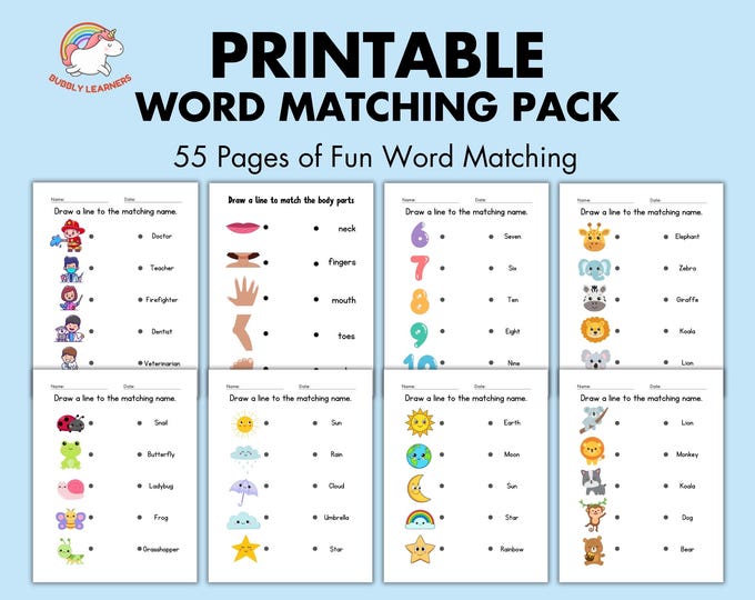 55 Printable Matching Names Worksheets, Match the Picture, Kindergarten ...