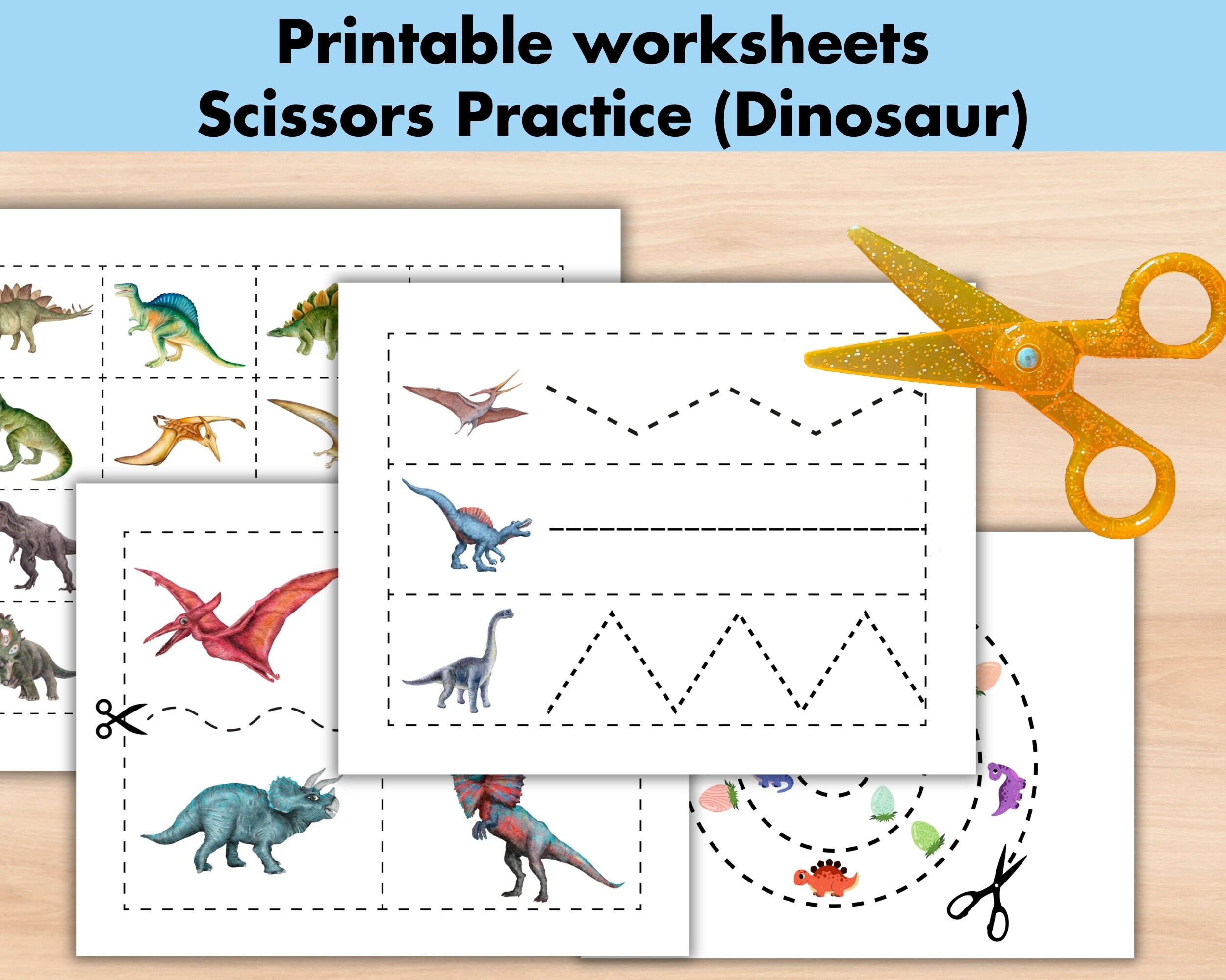 Dinosaur Scissors Strips Cutting Practice Sheets, Printable Preschool ...