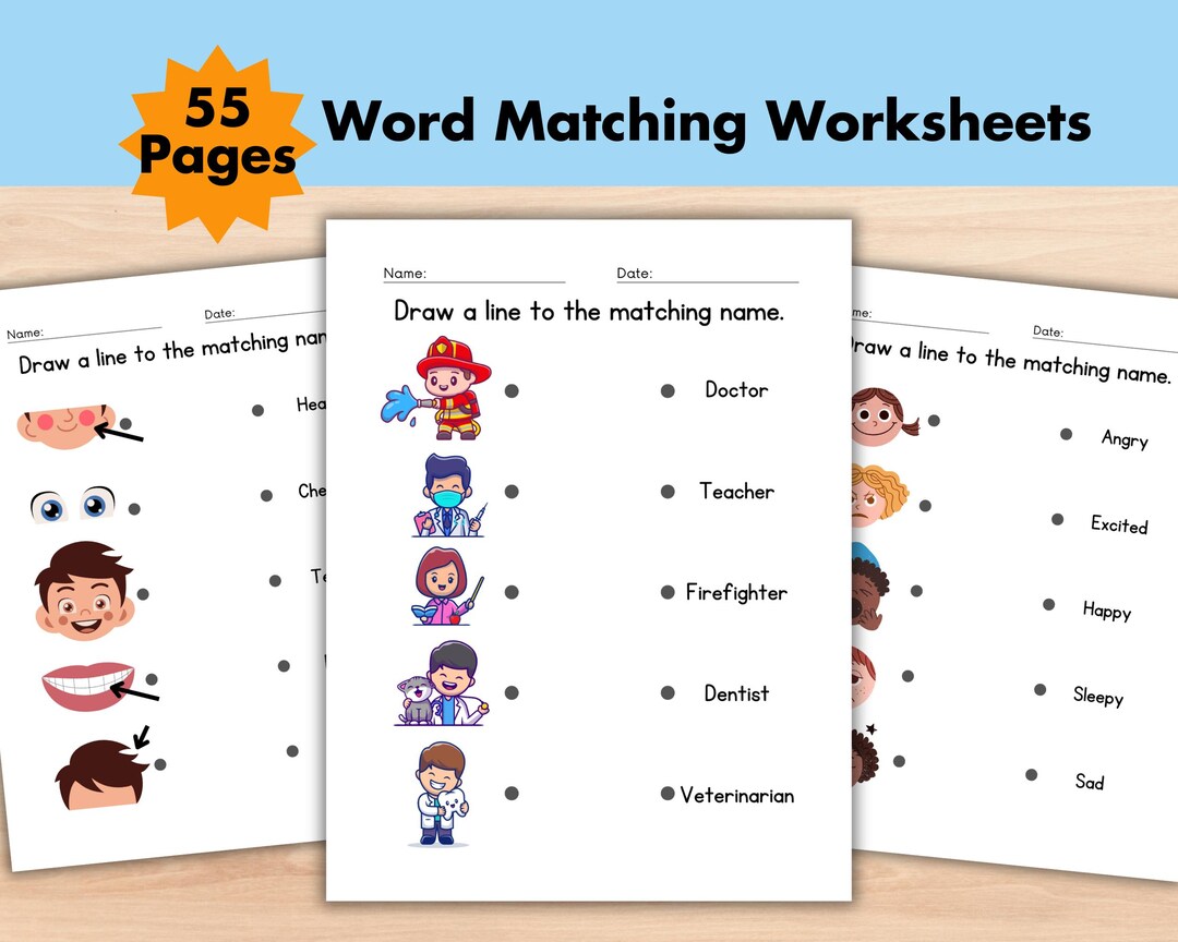 55 Printable Matching Names Worksheets, Match the Picture, Kindergarten ...