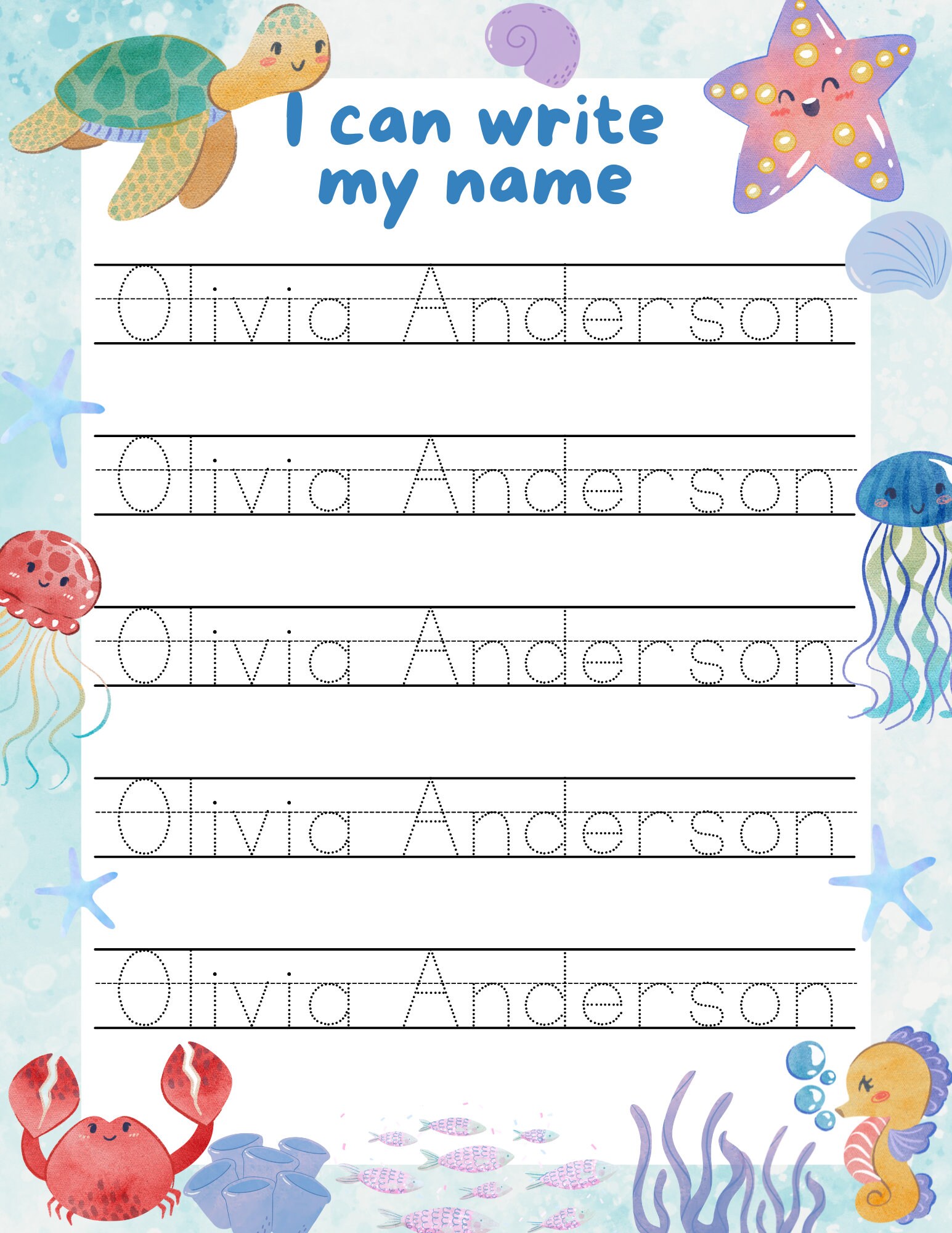 Ocean Animals Custom Name Tracing Sheet Personalized Name Trace ...