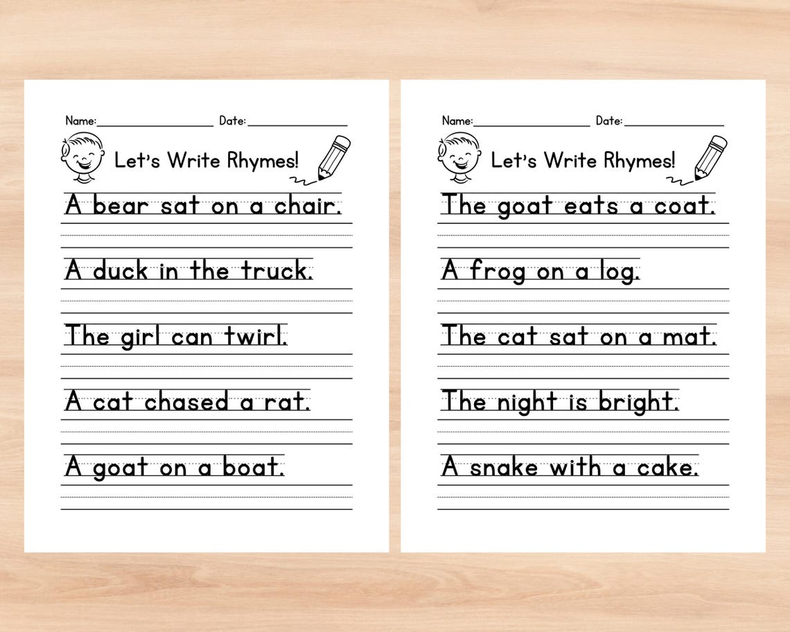 Rhyme Sentence Writing Worksheet, Write the Sentence, Printable ...