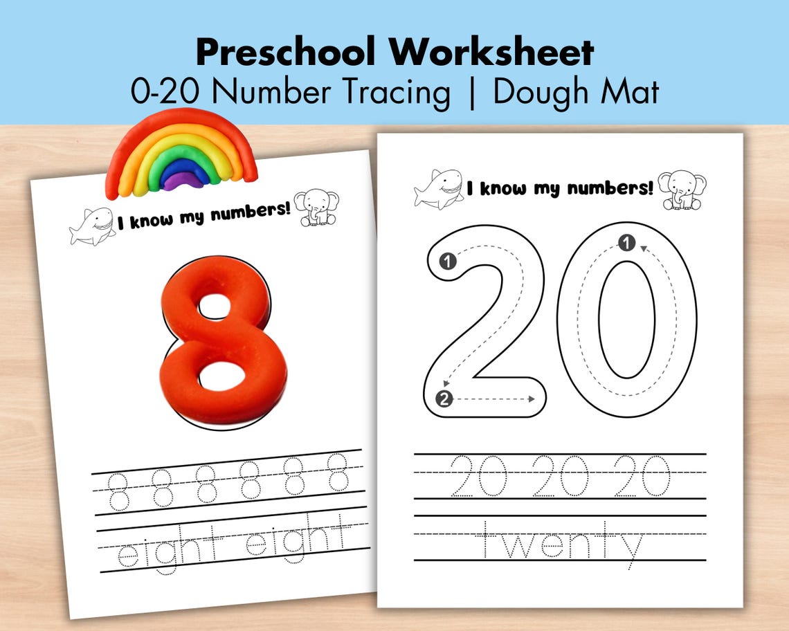 Number Tracing Worksheet, Printable Dough Mat Preschool Numbers 0-20 ...