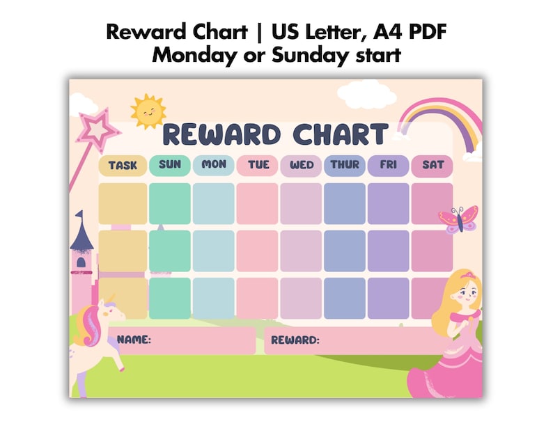 Princess Reward Chart Toddler Printable Unicorn Routine Chart,kids ...