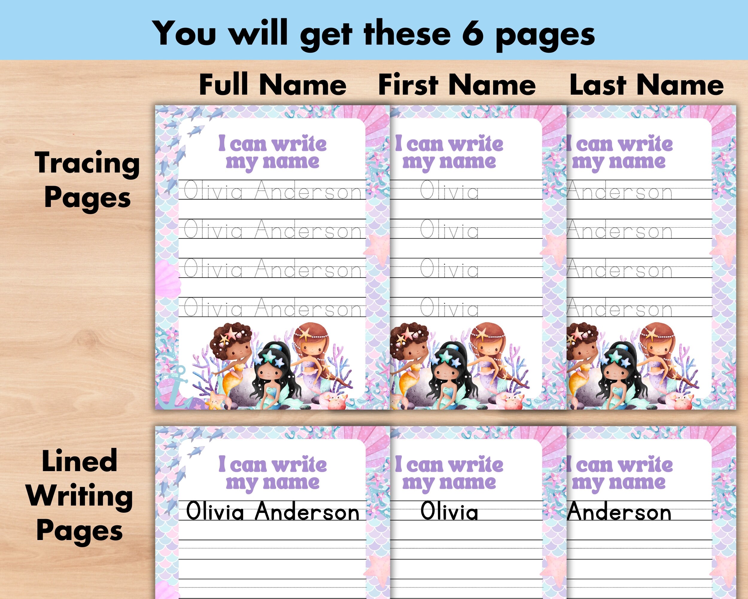 Mermaid Custom Name Tracing Sheet Personalized Name Trace Handwriting ...