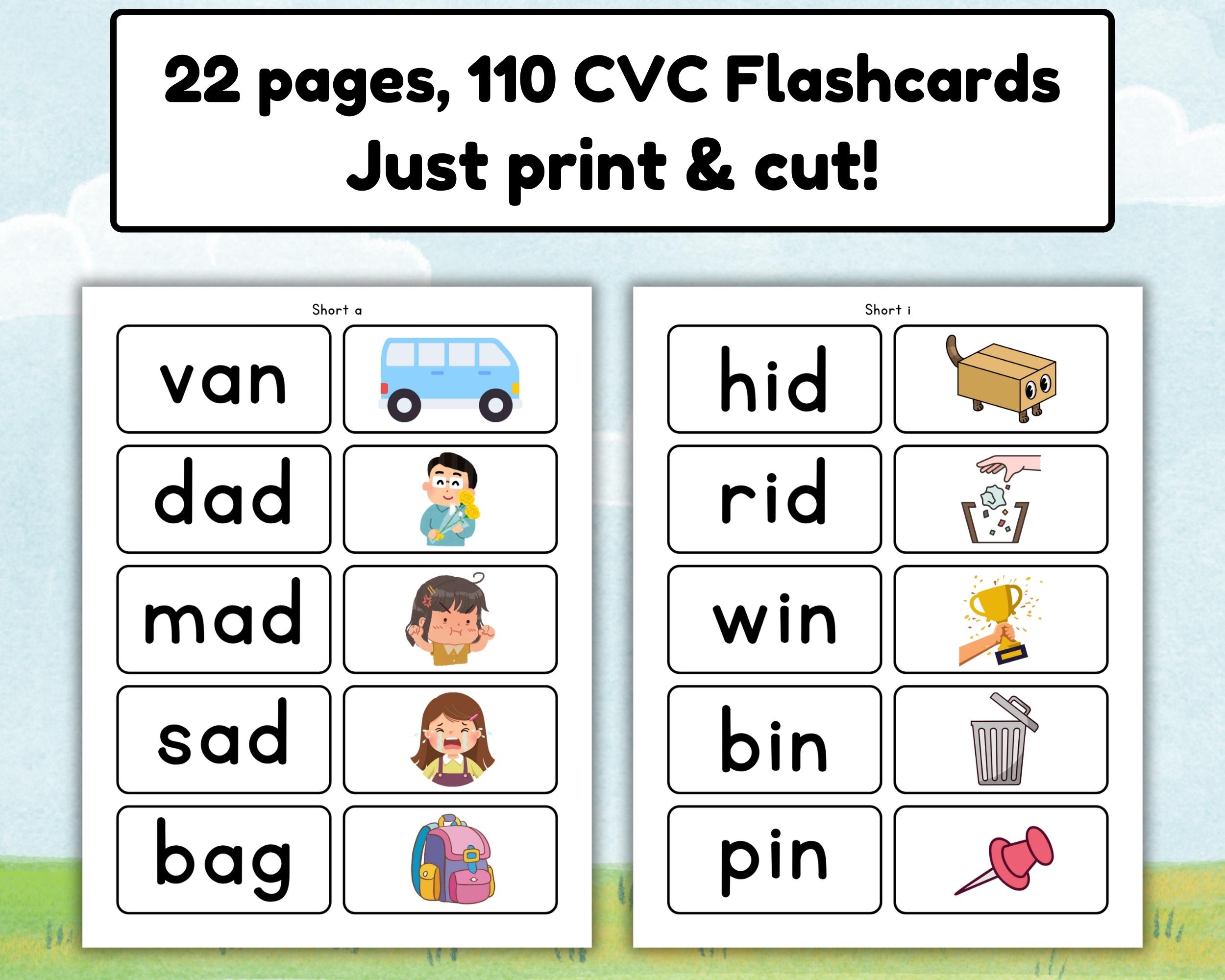 110 CVC Flashcard, CVC Words for Kids, Phonics Cards, Short Vowels ...