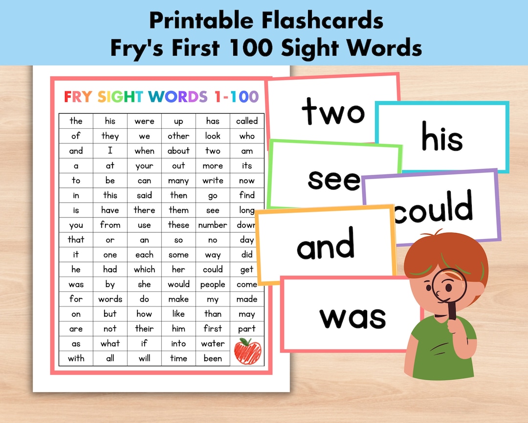 100 Printable Fry's First Hundred Sight Word Flashcards, Kindergarten ...