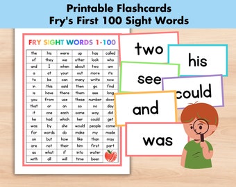 100 Printable Fry's First Hundred Sight Word Flashcards, Kindergarten ...