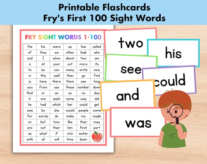 100 Printable Fry's First Hundred Sight Word Flashcards | Kindergarten ...