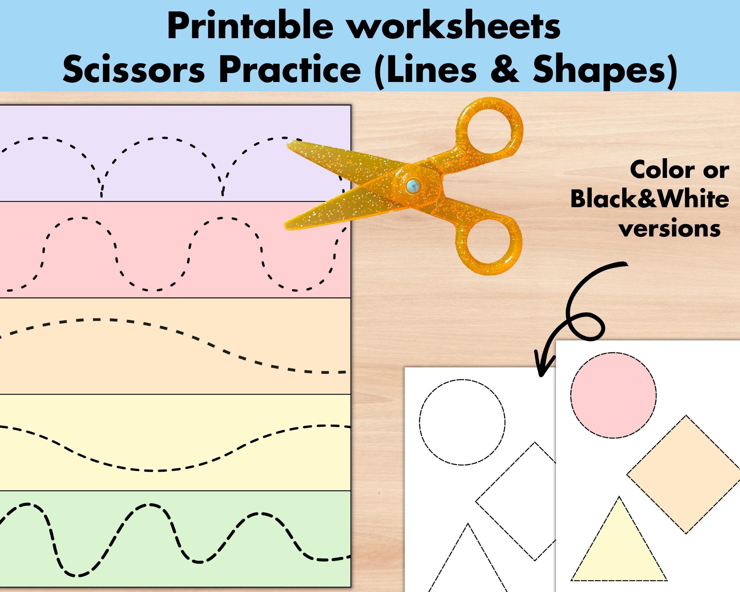 Scissors Skills Cutting Practice Sheets, Printable Preschool Shapes ...