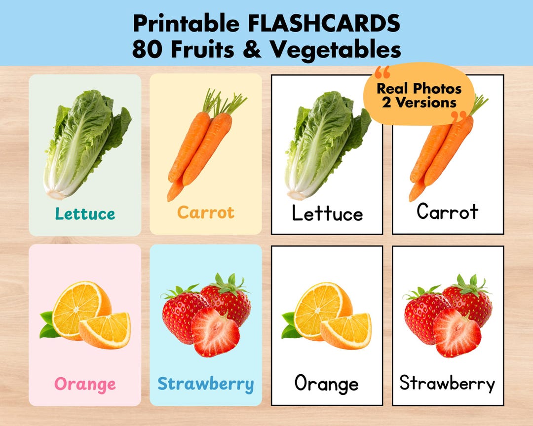 80 Fruits Vegetables Flashcards, Printable Real Photo Food Nomenclature ...