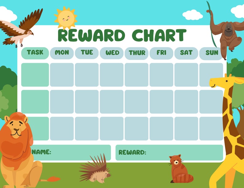 Safari Animal Reward Chart Toddler, Jungle Potty Training,printable ...