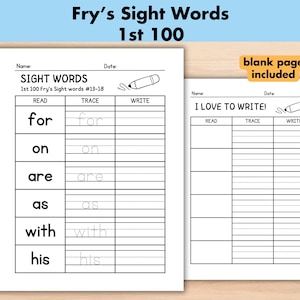 100 Printable Sight Words, 1st 100 Fry Sight Words, Kindergarten Sight ...