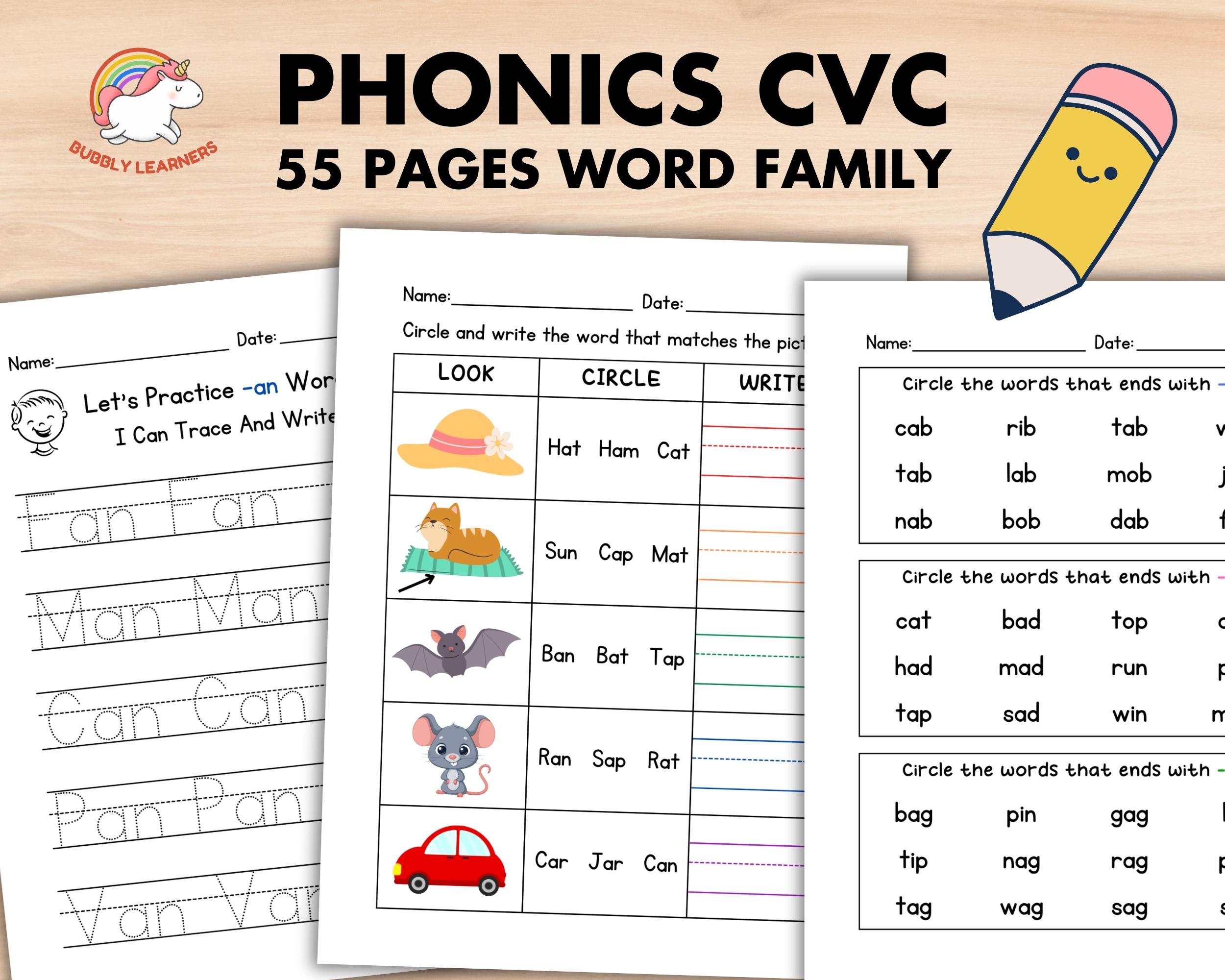 Phonics CVC Word Family Worksheet Bundle, Homeschool Kindergarten ...